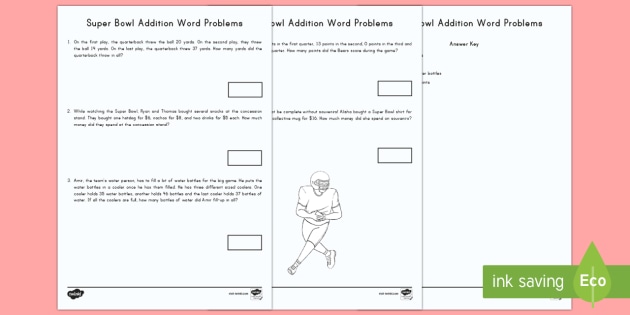 Super Bowl Addition Word Problems Worksheet / Activity Sheet