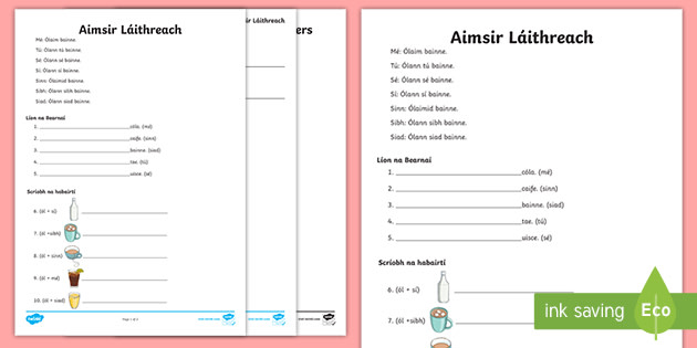 Gaeilge - Bia: Worksheet / Worksheet, An Aimsir Láithreach, Ól