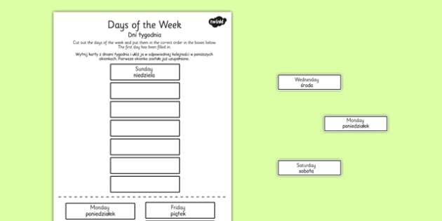 Days of the Week Cut and Stick Worksheet Polish Translation