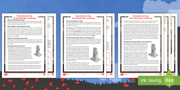 UKS2 Remembrance Day: The First World War Centenary Differentiated Reading