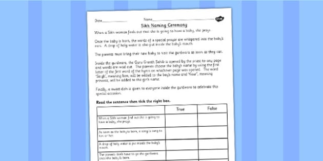 Sikh Naming Ceremony Worksheet
