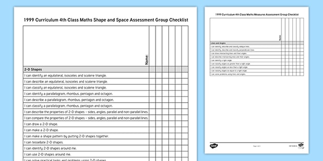 1999 Curriculum 4th Class Maths Shape and Space Assessment Group Checklist