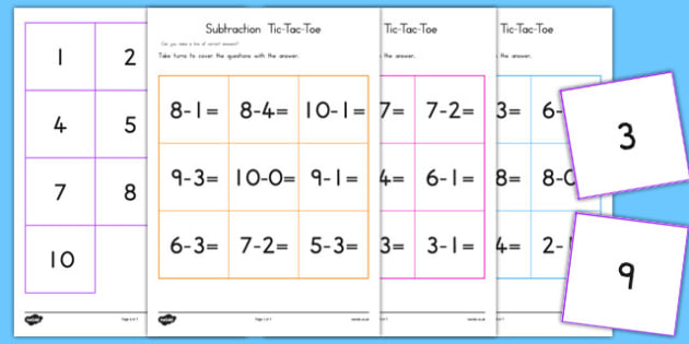 Subtraction Tic Tac Toe Game To Ten - subtract, math games, math