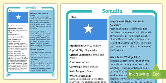 KS1 Somalia Fact File - Africa - Geography - Twinkl