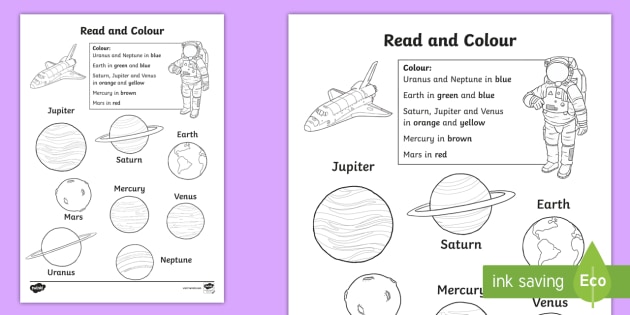 Planet Read and Colour Worksheet / Worksheet- space, planets, worksheet