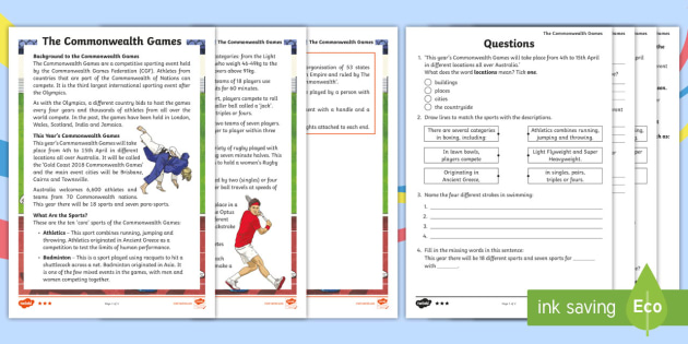 The Commonwealth Games Differentiated Reading Comprehension Activity