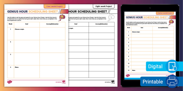 Genius Hour Project Scheduling Sheet (teacher made)