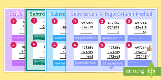 Subtracting 3 4 5 And 6 Digit Numbers Using Column Method Display Poster