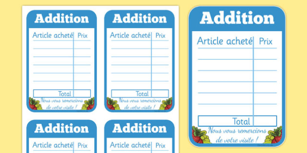 Restaurant Role Play Receipt French (teacher made)