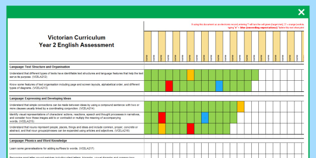 Victorian Curriculum Year 2 English Assessment Spreadsheet
