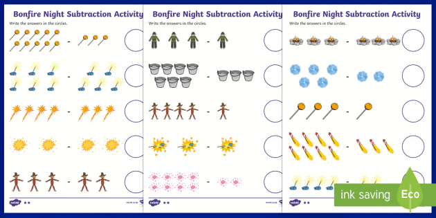 Bonfire Night Fireworks Subtraction Worksheet