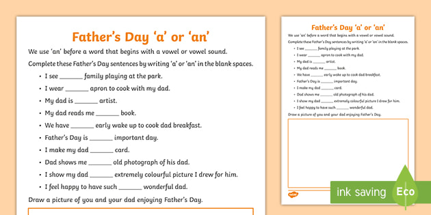 * NEW * Father's Day 'a' or 'an' Worksheet