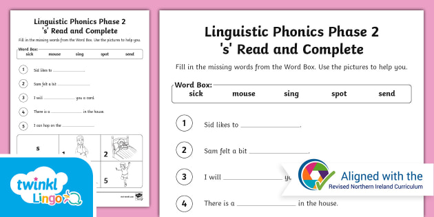 Linguistic Phonics Phase 2 Read Complete 's' Activity Sheet
