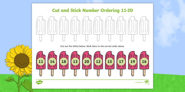 Summer Themed Cut and Stick Number Ordering Activity 11 20 - cut