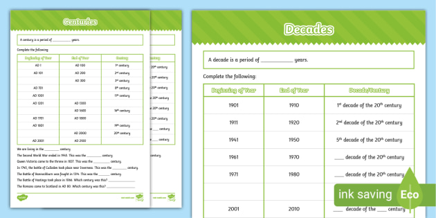 Centuries and Decades Worksheets