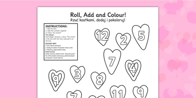 Valentines Day Colour And Roll Worksheet Polish Translation