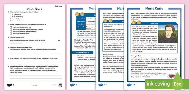 UKS2 Marie Curie Differentiated Reading Comprehension Activity