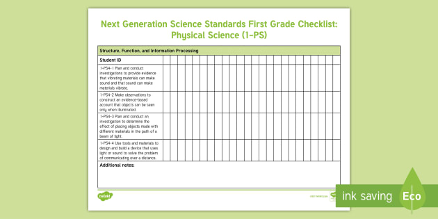 Next Generation Science Standards First Grade Student Checklist