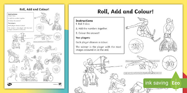 Paralympics Three Dice Addition Roll and Colour Worksheet / Worksheet