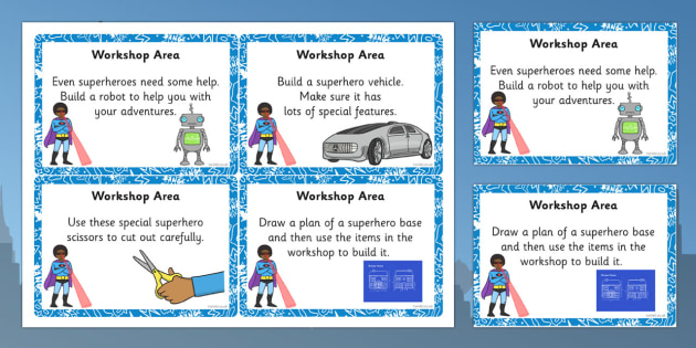 EYFS Superhero Themed Workshop Area Challenge Cards - superhero