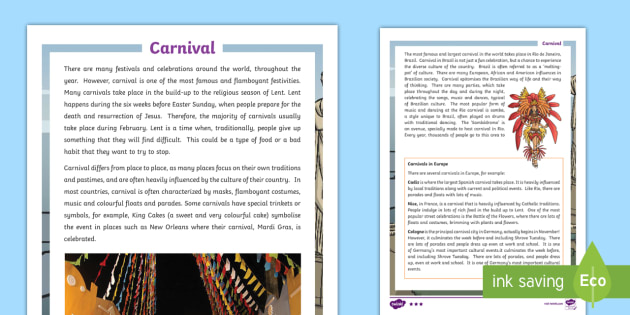 Carnival Fact File - ESL Carnival Reading (teacher made)