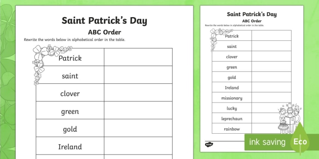Saint Patrick's Day Alphabetical Order Activity