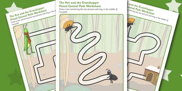 The Ant and the Grasshopper Pencil Control Path Worksheets - Ant