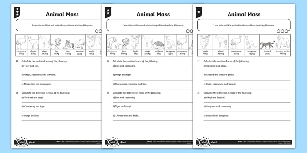 Animal Mass Differentiated Worksheet / Worksheets