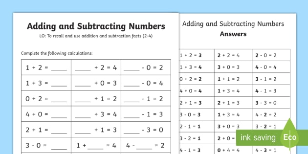 Number Facts Worksheet 2-4