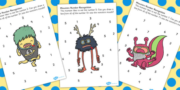 Monster-Themed Number Recognition Worksheets (PDF)