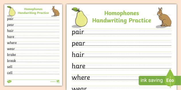 Homophones Handwriting Practice (teacher made)