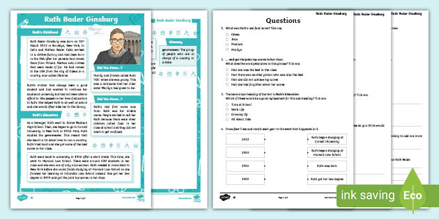LKS2 Ruth Bader Ginsburg Differentiated Reading Comprehension Activity