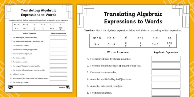 Writing Expressions Worksheets Fifth Grade Numerical Expressions