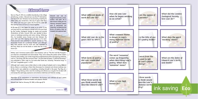 Edward Lear Fact File and Comprehension Question Cards