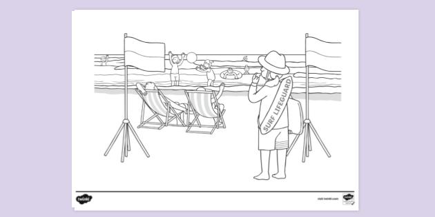 FREE! - Beach Scene With Children Parents And Lifeguard Colouring