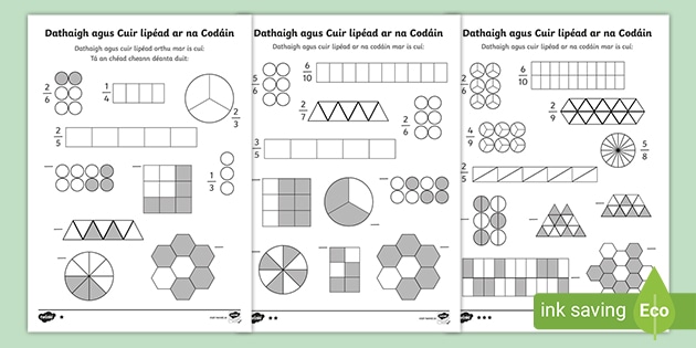 Colour and Label Fractions Worksheet Gaeilge