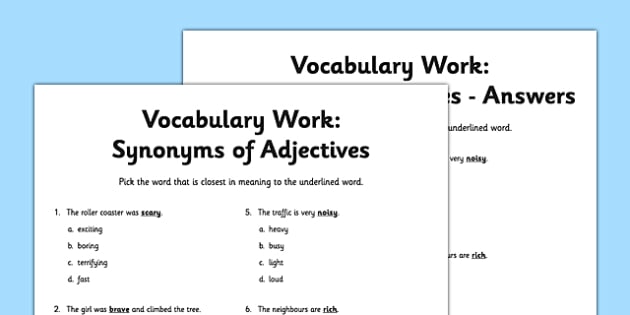 Synonyms of Adjectives Vocabulary Worksheet (teacher made)