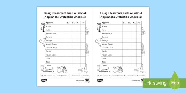 Using Classroom and Household Appliances Checklist