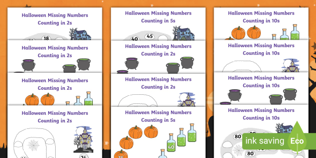 Halloween Path Missing Numbers Counting in 2s, 5s and 10s Activity Pack