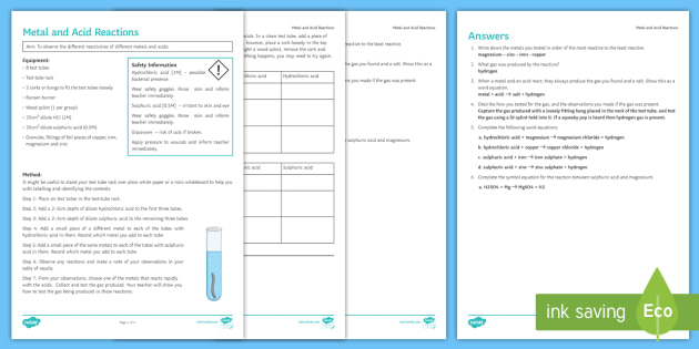 Metal and Acid Reactions Investigation Instruction Sheet Print-Out