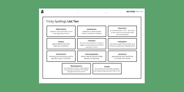 Tricky Spellings Word Mat (10) | KS3 SPaG | Beyond English