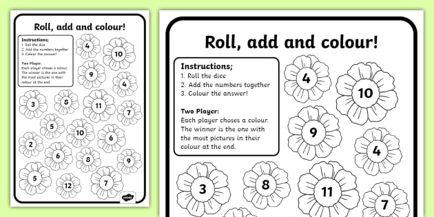 Flowers Roll and Colour Dice Addition Activity