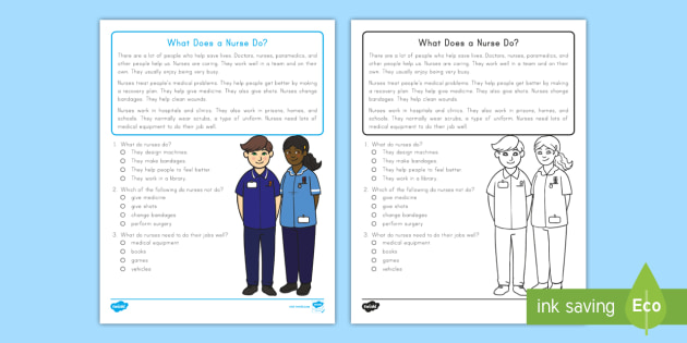 Second Grade What Does a Nurse Do? Reading Passage Comprehension Activity