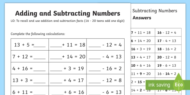 Number Facts Worksheet 16-20 Teens Add One Digit