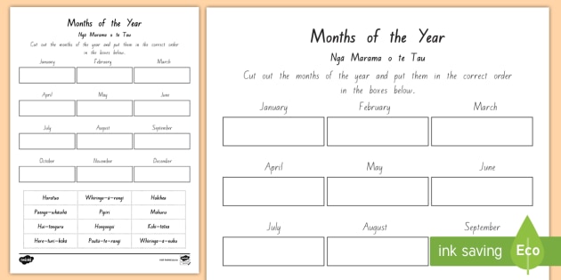 Te Reo Maori Months of the Year Cut and Stick Activity Te Reo Maori/English