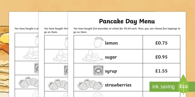Pancake Day Worksheets | Menu Challenge (teacher made)