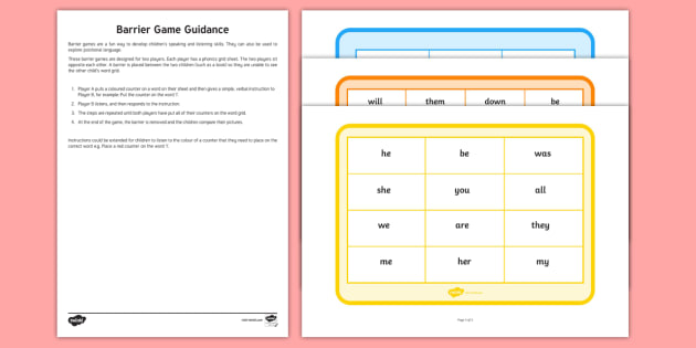 Editable Words Counters Barrier Game Worksheet / Worksheet