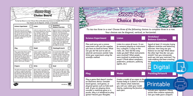 Snow Day Choice Board for 3rd-5th Grade (teacher made)