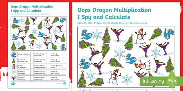 👉 Oops Dragon Multiplication I Spy and Calculate Worksheet