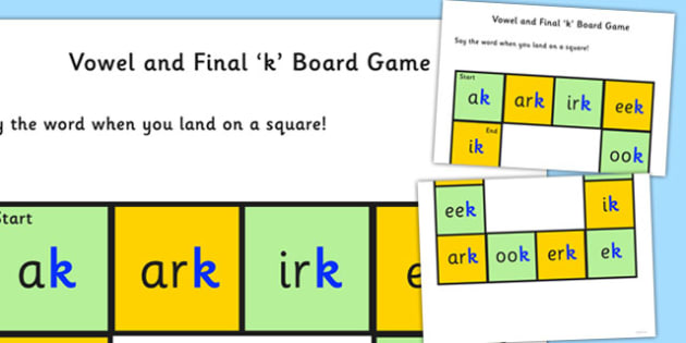 Vowel and Final 'K' Board Game (teacher made)